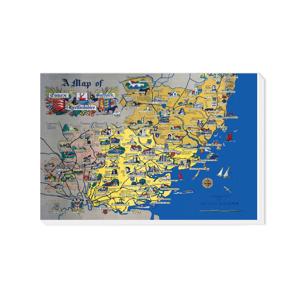 A Map Of Essex Suffolk Hertfordshire Canvas Railway Posters
