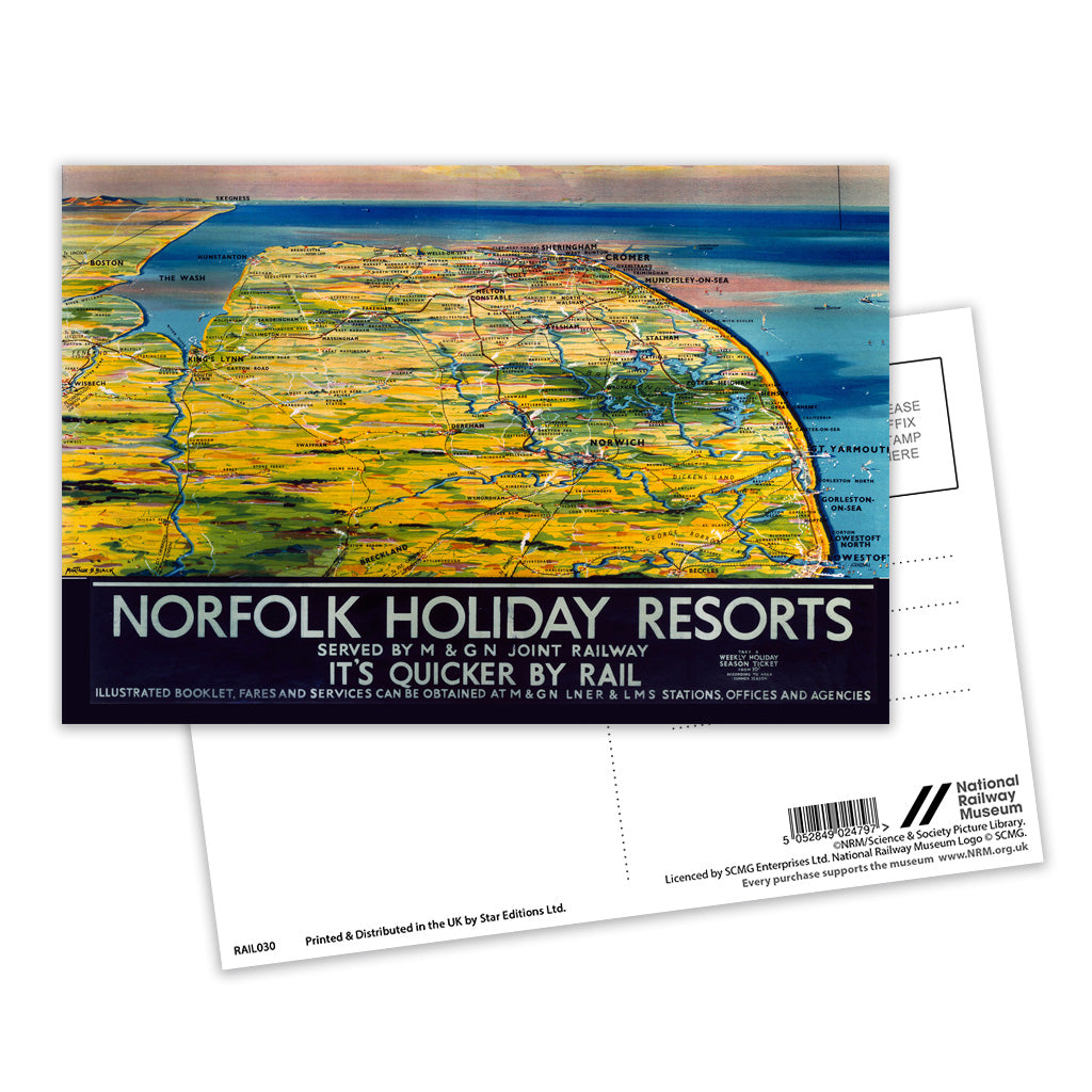 Norfolk Holiday Resorts Map Postcard Pack of 8 – Railway Posters
