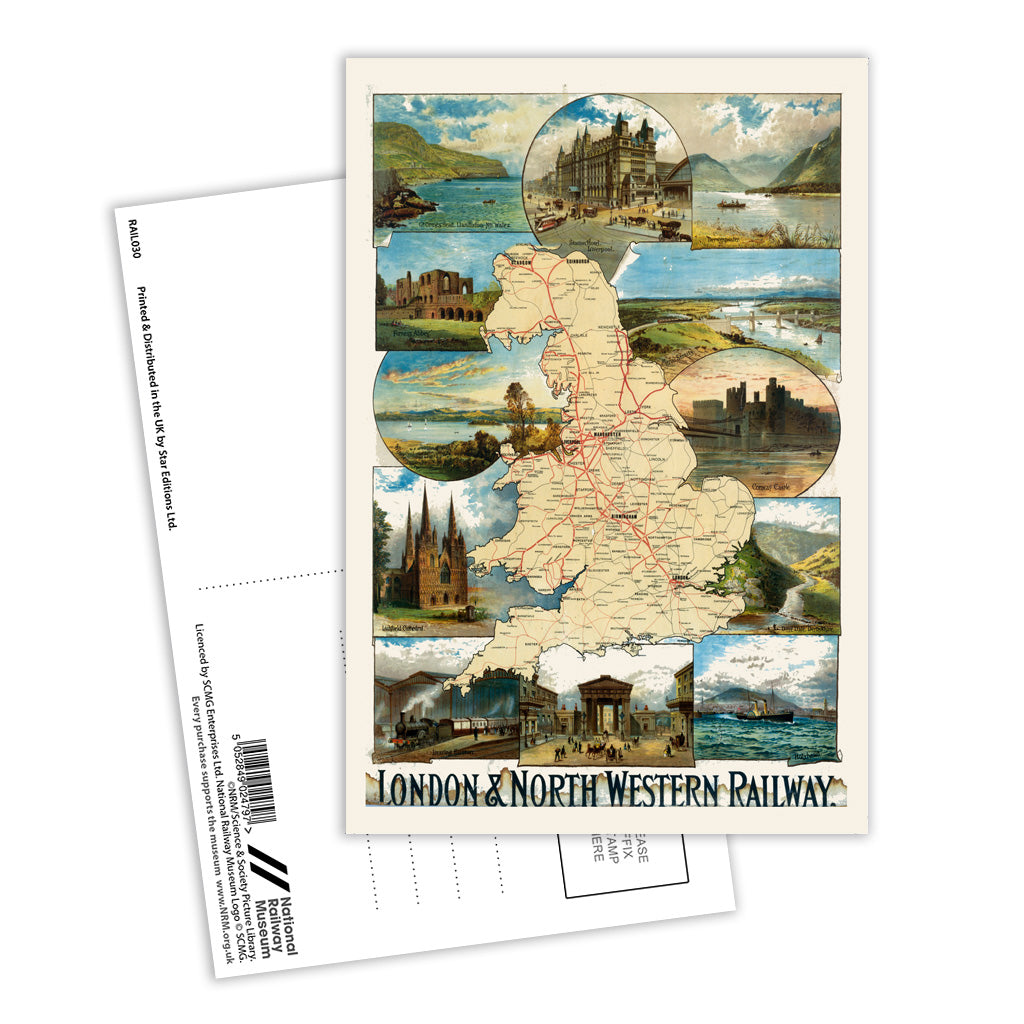 London and North Western Railway Map Postcard Pack of 8 – Railway Posters