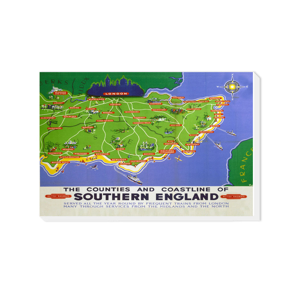 Counties and Coastline of Southern England map British Railways - Canv ...